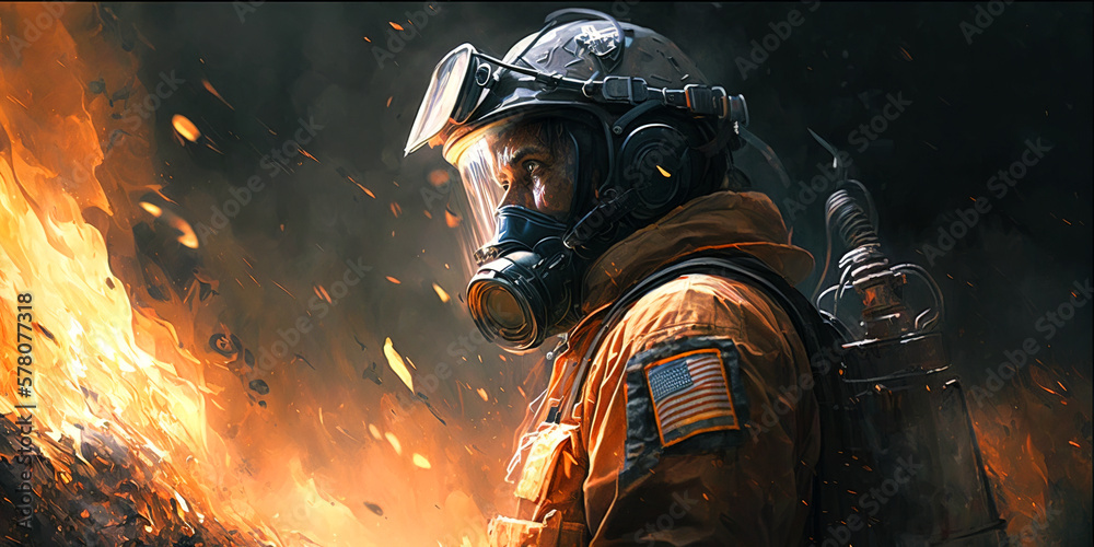Firefighter work in burning building, fireman on fire background ...