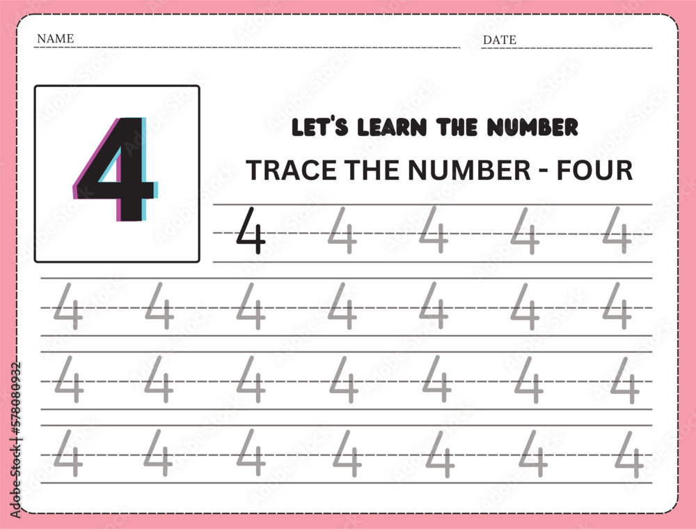 Trace and write the number 4. Handwriting practice. Learning numbers ...