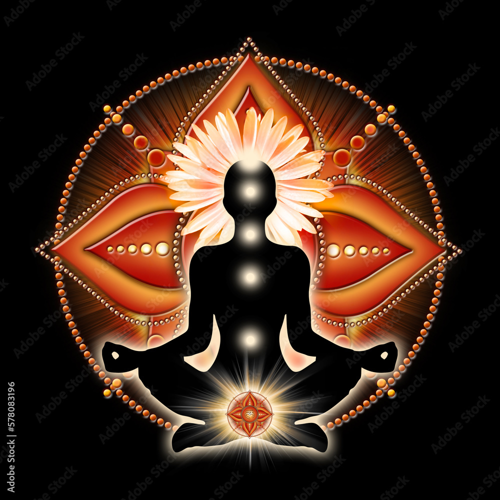 Root chakra meditation in yoga lotus pose, in front of muladhara chakra ...