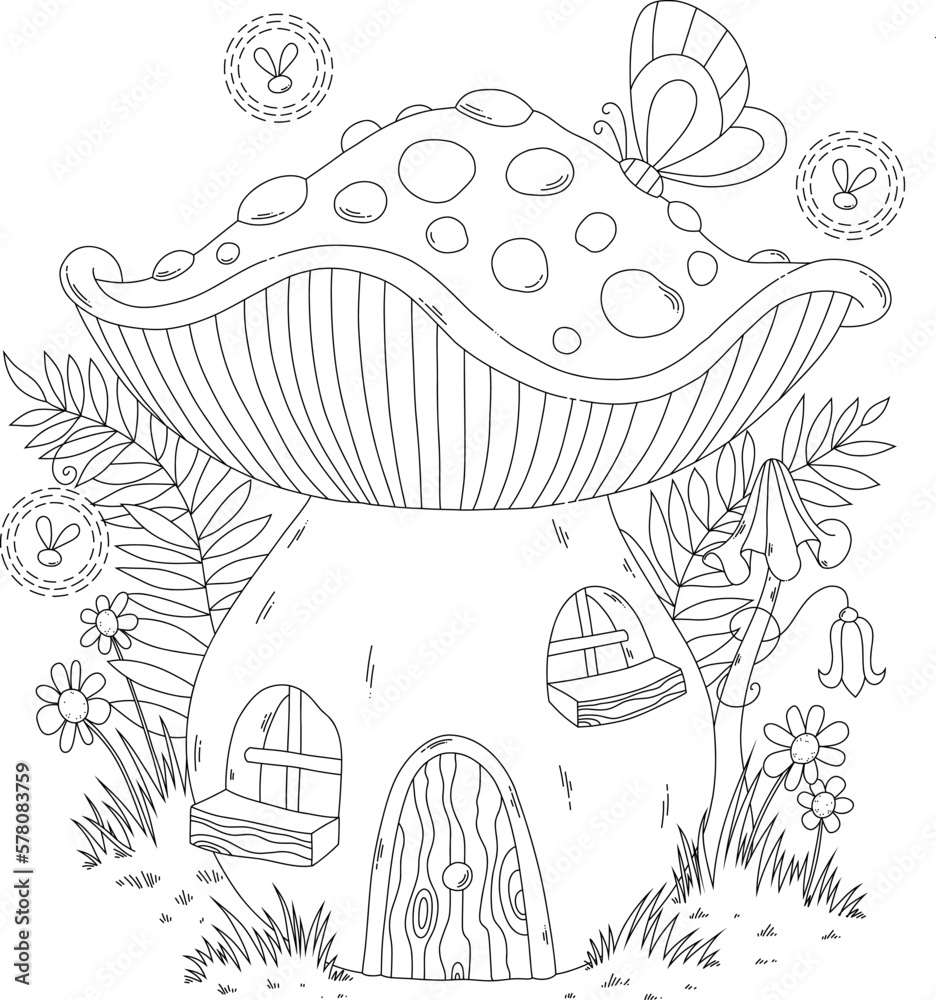 Black outline toadstool mushroom house illustration with butterfly ...