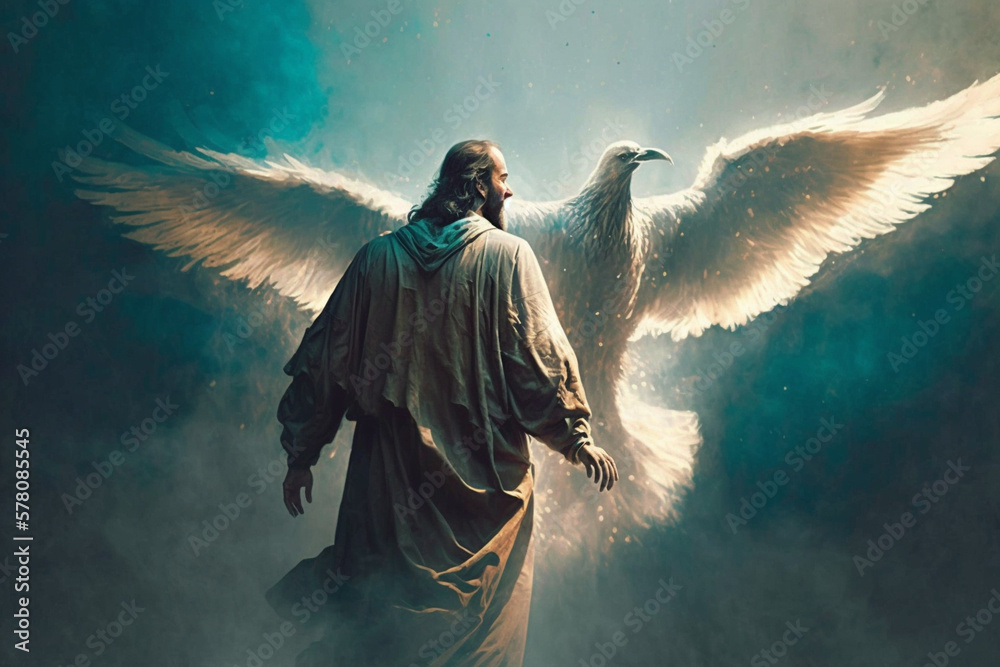 Jesus looking towards a white bird with big wings Stock Illustration ...