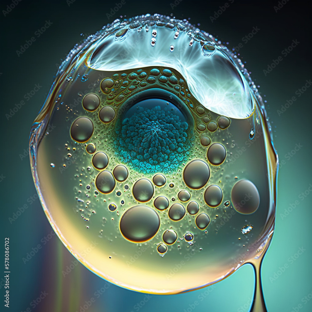 Science concept. Abstract drop of water with visible bacterias or small ...