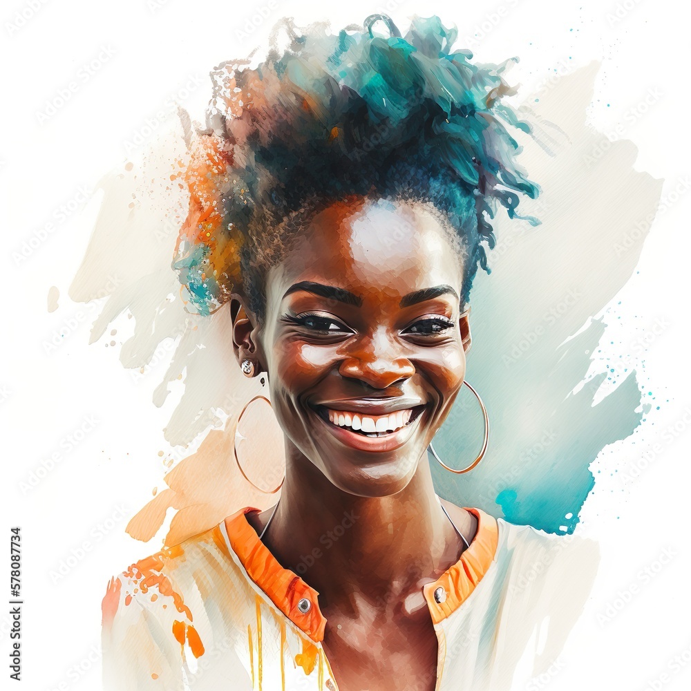 portrait of a happy young american, african woman with crazy afro hair ...
