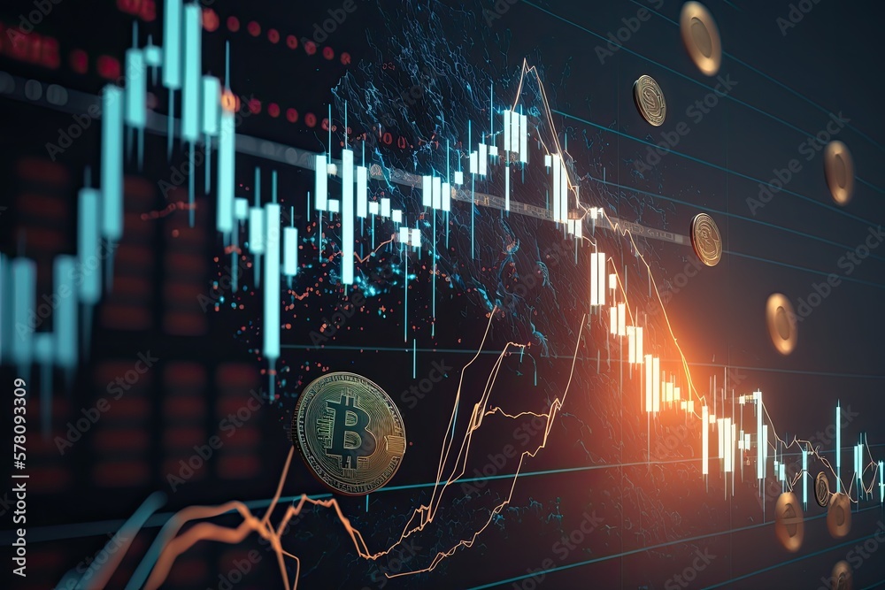 Bitcoin chart with downtrend line graph, bar chart and stock numbers in ...