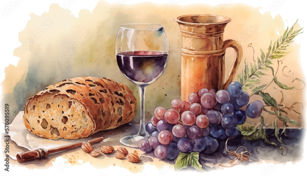 Watercolor drawing centered on bread and a glass of wine. The Lords ...