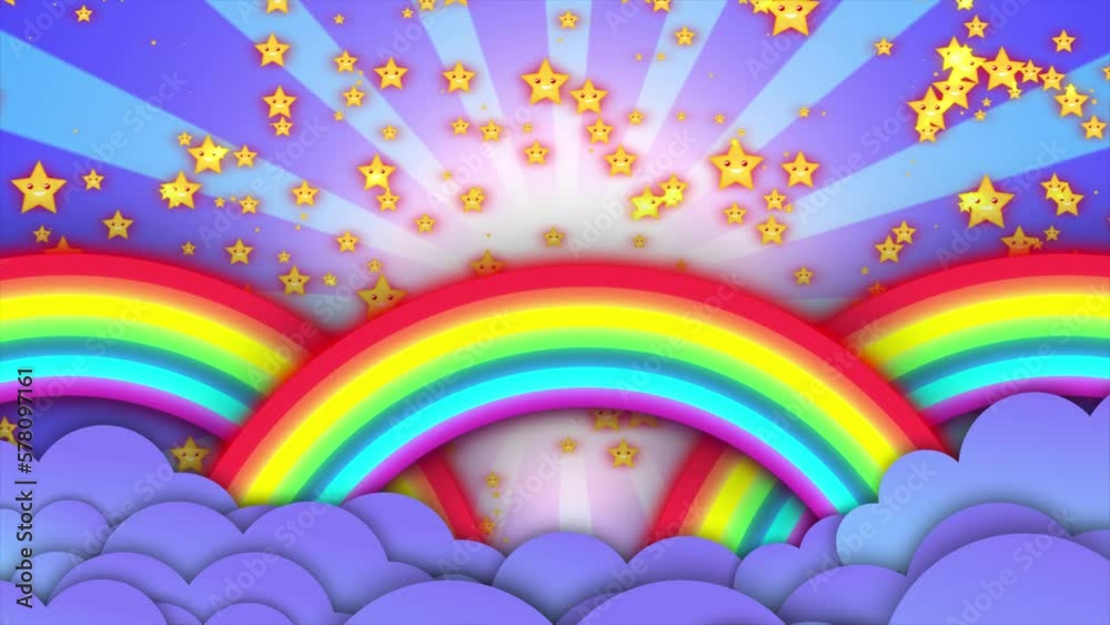 Three Big Cartoon Rainbow in to The Cloud, Stars are Glowing Background ...