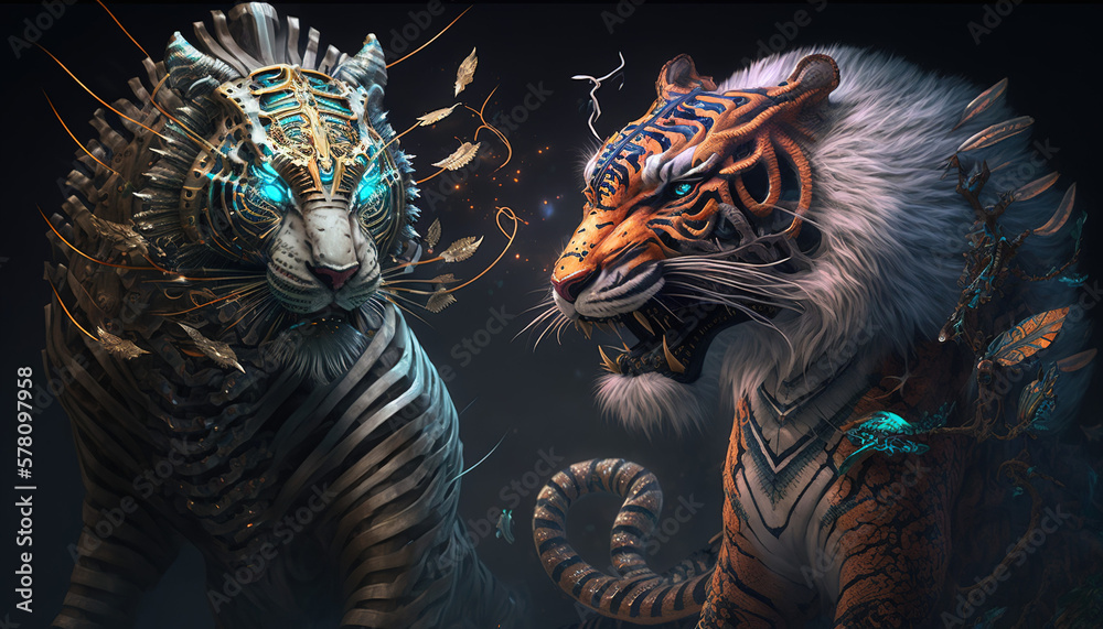 chinese tiger and dragon Concept inspired by digitalization, AI, IOT and E-Commerce. Generative ...