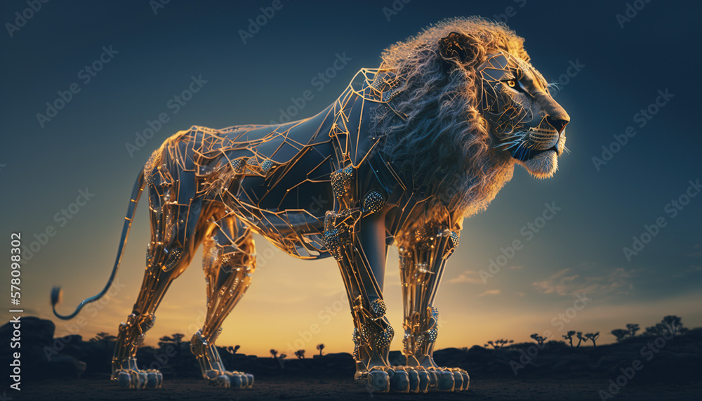 digital lion inspired by modern technology trends like AI, cybersecurity, IoT Stock Illustration ...