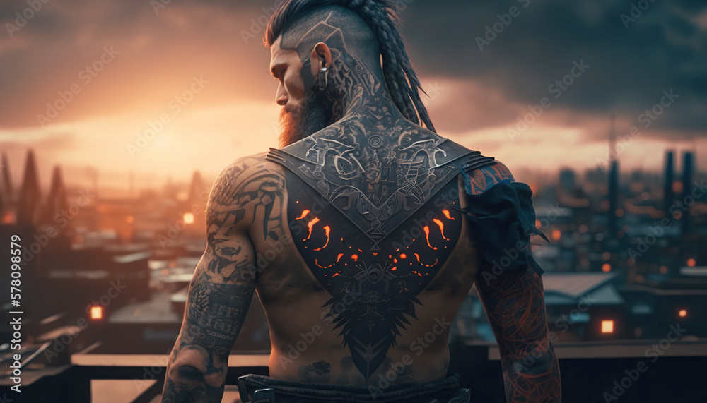 Neon Viking: A Cyberpunk Warrior in the Streets of Valhalla in front of ...