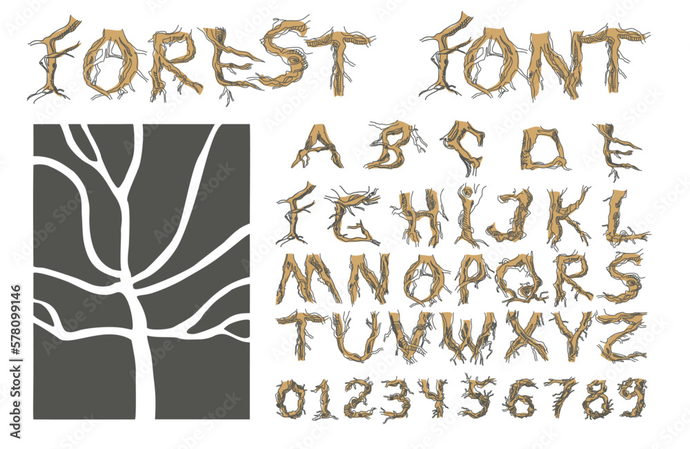 Set initial letters from A to Z. Decorative font from tree roots ...