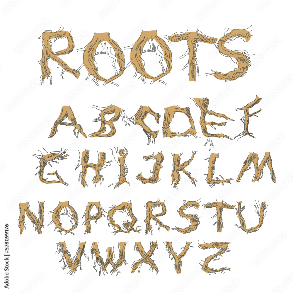 Set initial letters from A to Z. Decorative font from tree roots ...