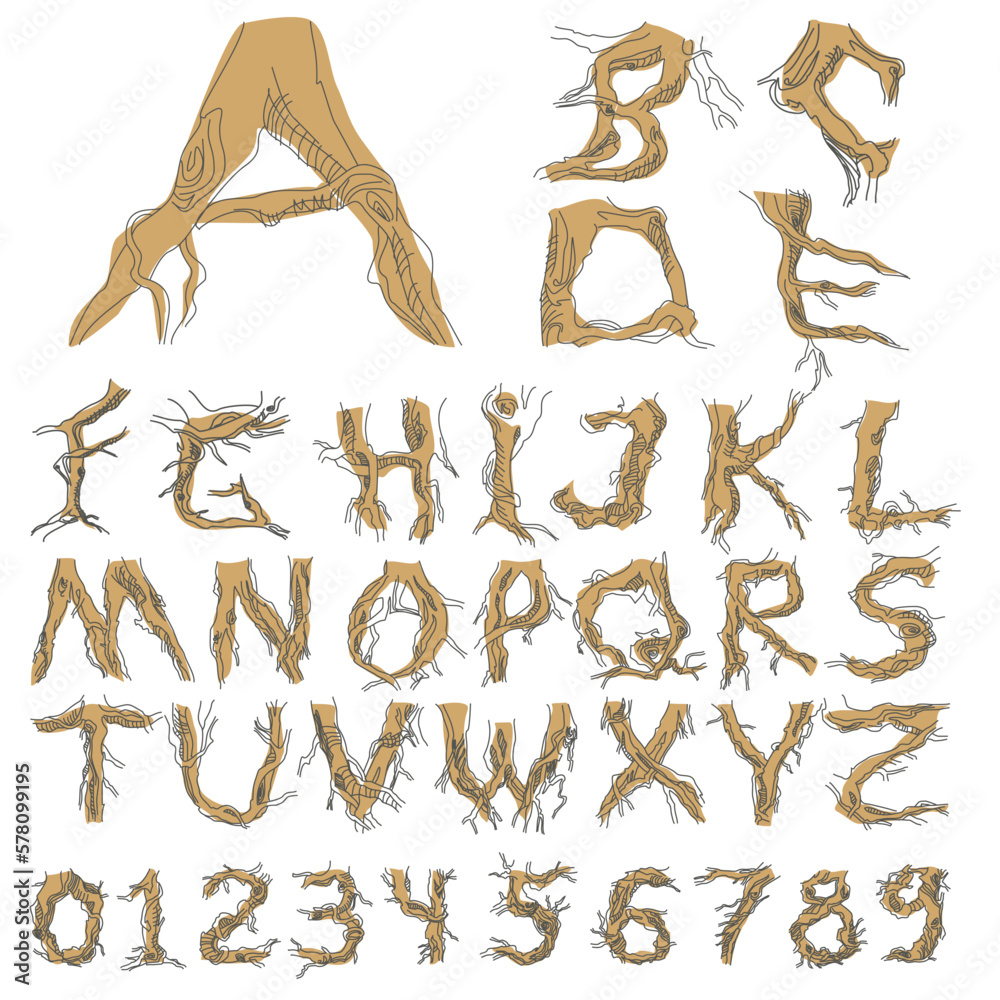 Set initial letters from A to Z. Decorative font from tree roots ...