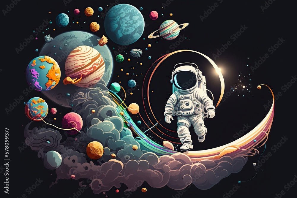 cartoon illustration, astronaut and planets drifting in space, ai ...