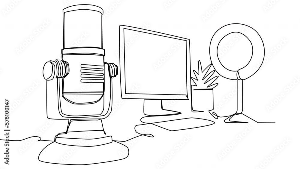 Streamer studio self-drawing by single line on white screen. Animation ...