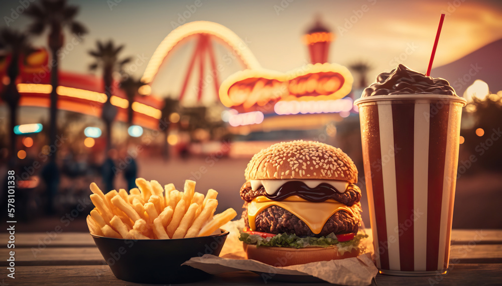 Fast food (delicious burger, french fries and soft drink) on background ...