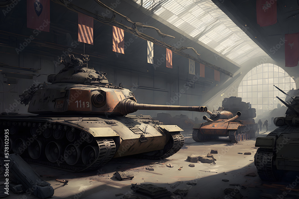 battle tank at a military base in a hangar, an industrial plant. Neural ...