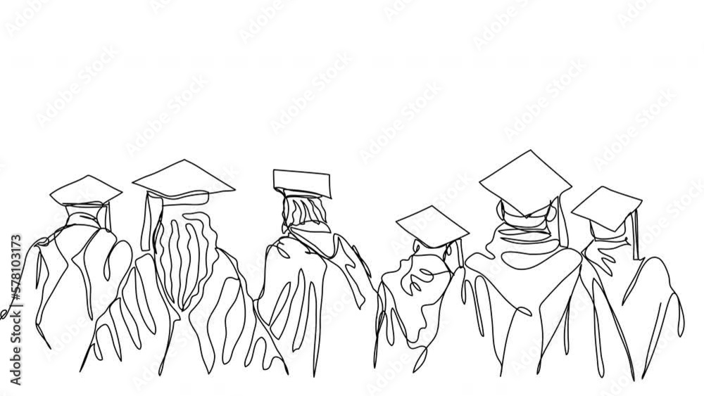 Self-drawing of graduates in one line on a white screen. Animation ...