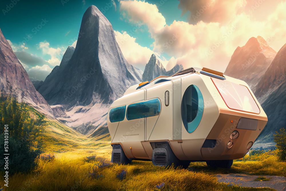Futuristic electric camper van parked in mountains. Adventure concept ...