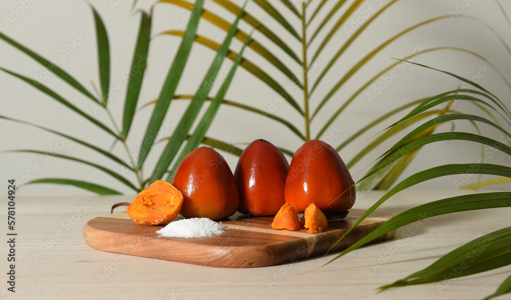 Chontaduro (Bactris gasipaes)Slices of the exotic tropical fruit of the ...