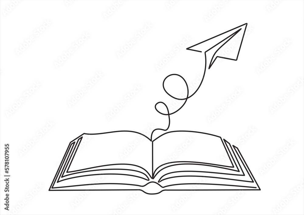 Continuous one line drawing of open book with flying paper plane ...
