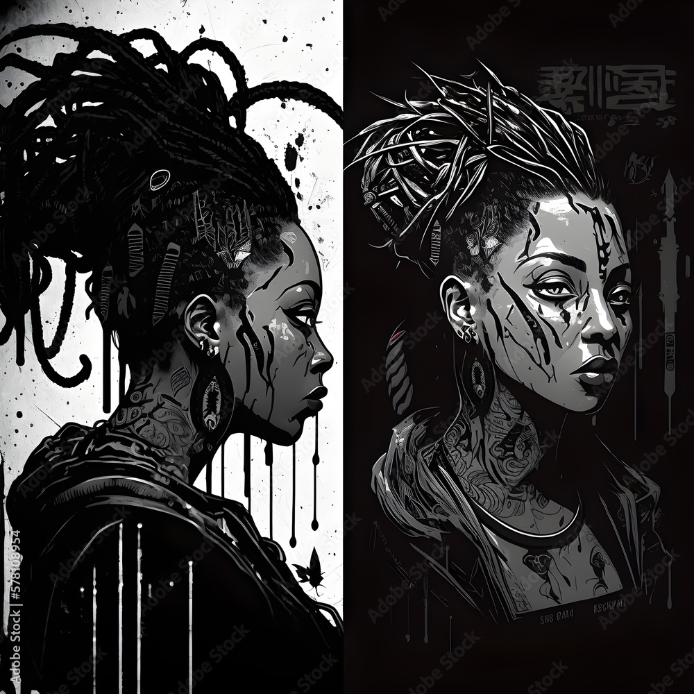 black femal characters line art book, dreads locks, facial tattoos ...
