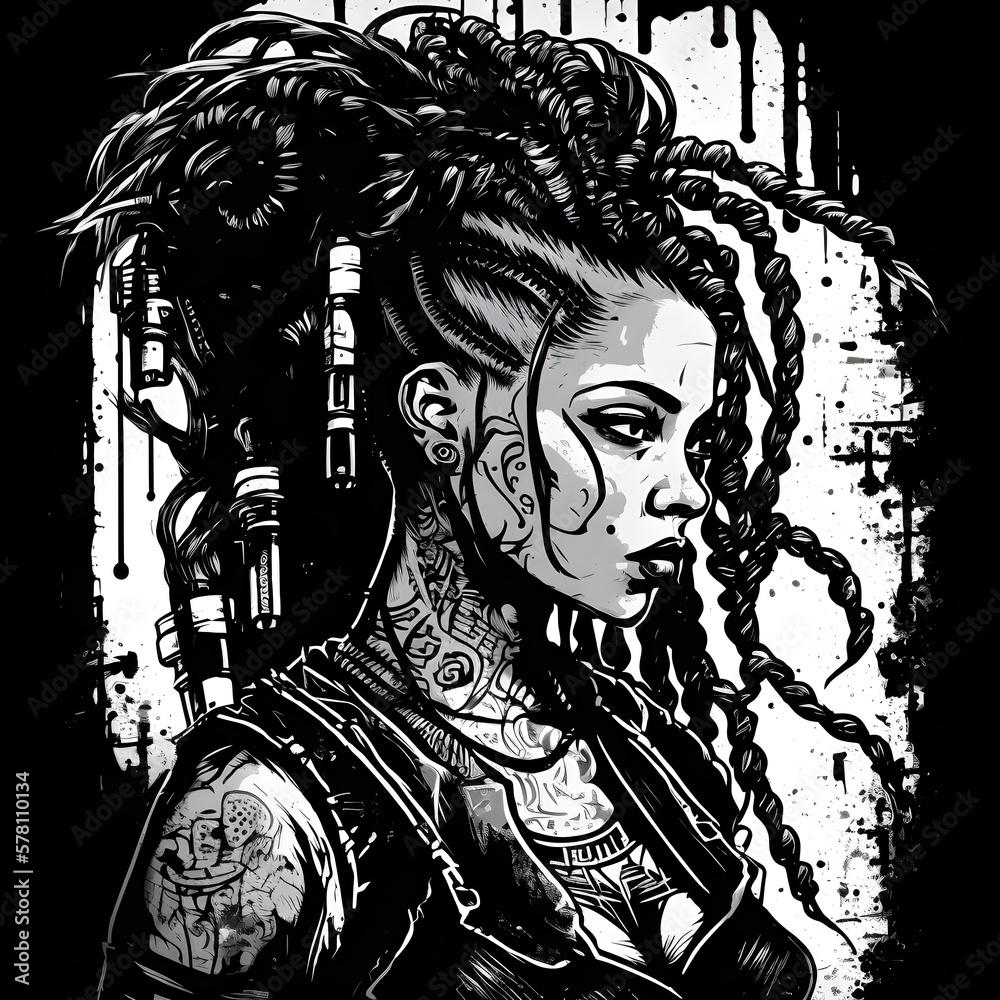 black femal characters line art book, dreads locks, facial tattoos ...