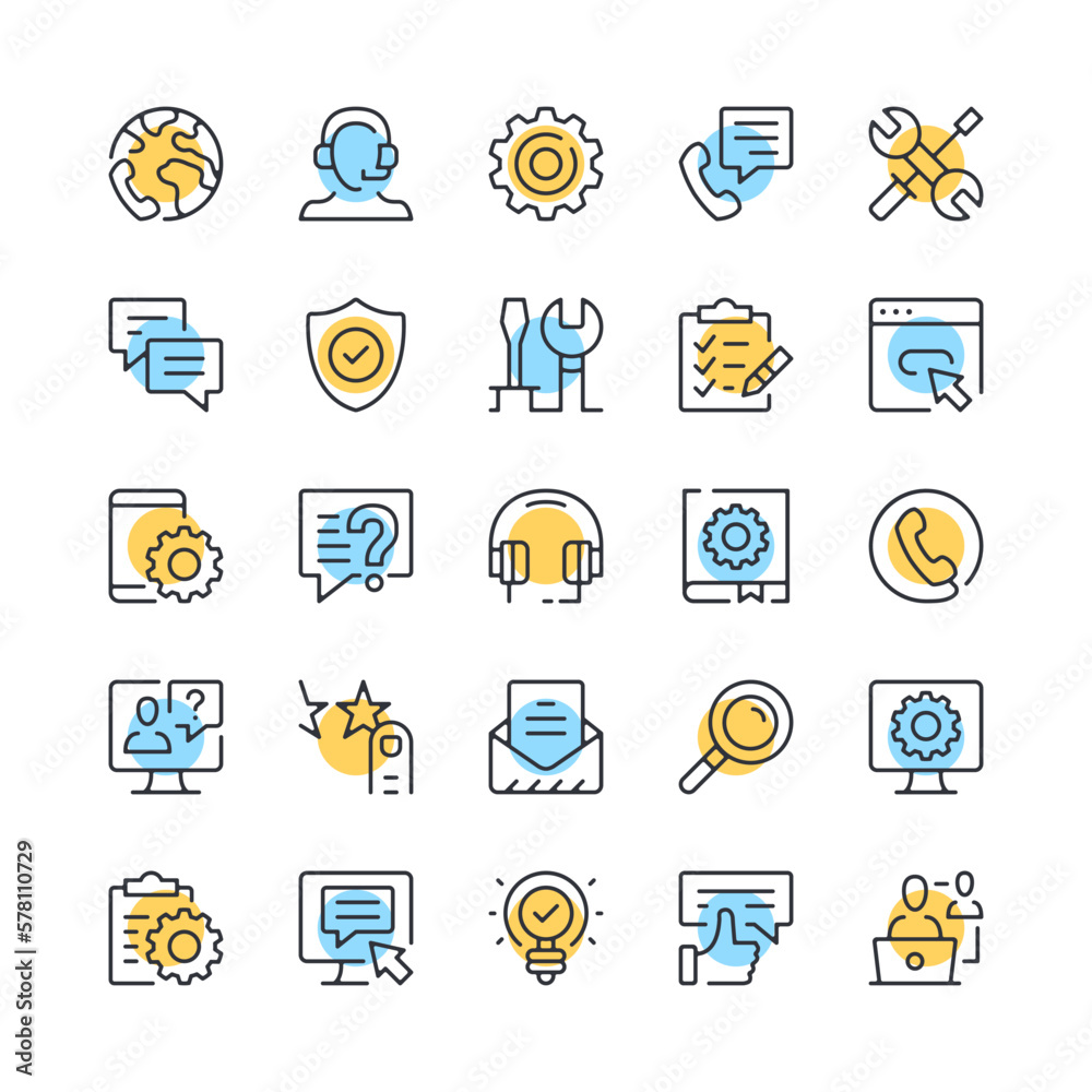 Technical support line icons. Set of tech support icons. Black, blue and yellow colors. Modern ...