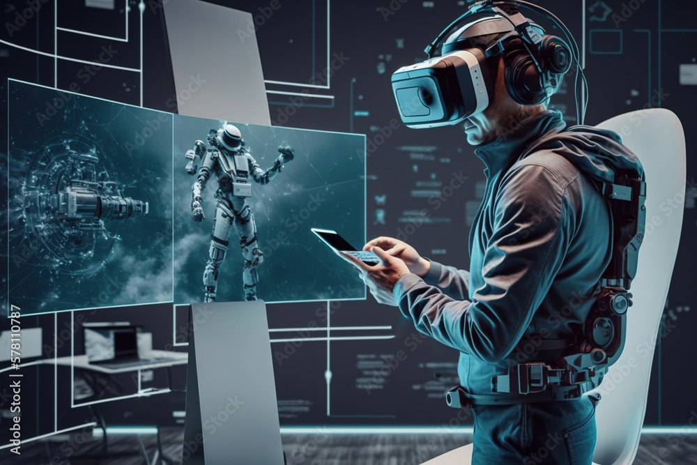 Enter the Metaverse: Futuristic Man in Exoskeleton Suit Uses VR Headset ...