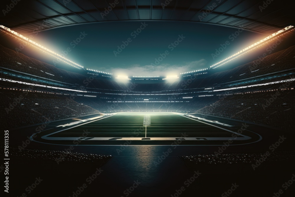 Dramatic professional football arena with green grass and rays of light ...