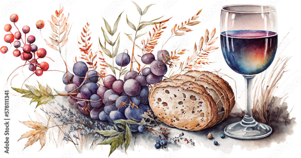 Watercolor drawing centered on bread and a glass of wine. The Lords ...