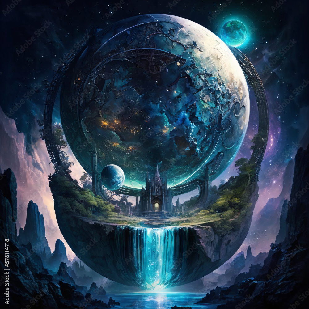 surreal futuristic spherical astrolabe on a beautiful fantasy floating ...