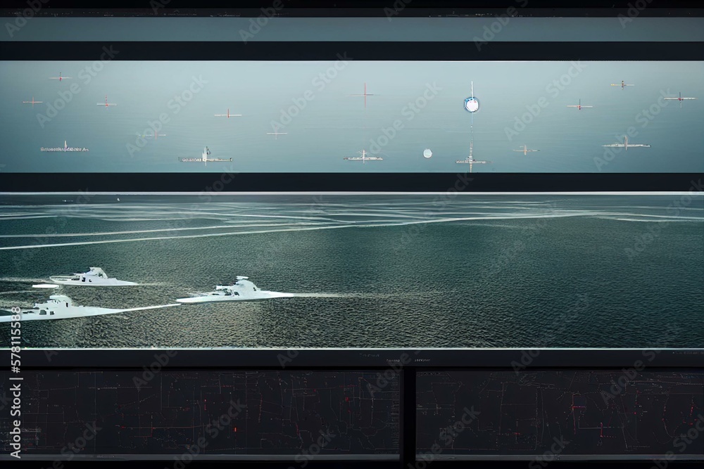 Military radar scanning area, showing multiple targets on screen, ship ...