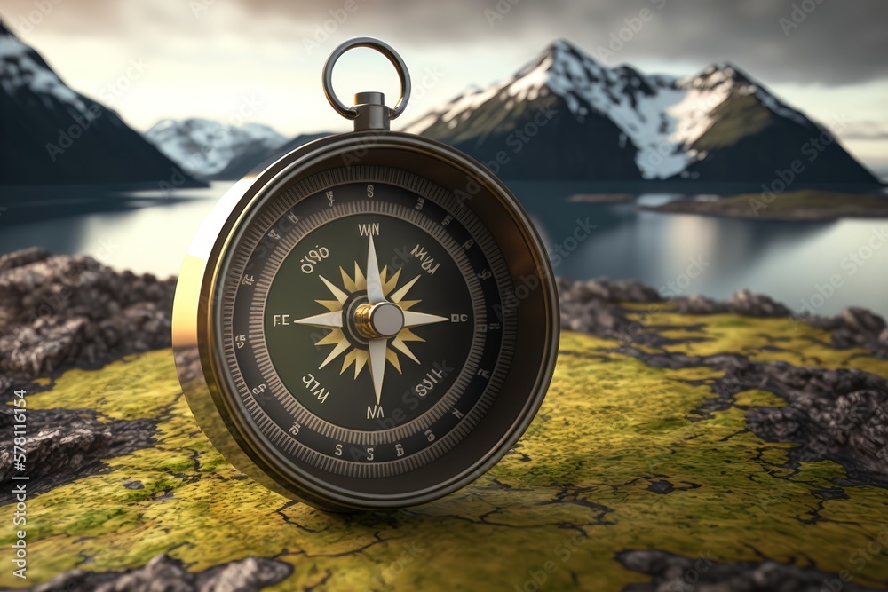 Magnetic compass and location marking with a pin on routes on world map ...