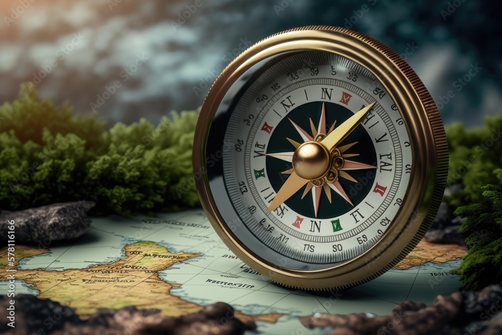 Magnetic compass and location marking with a pin on routes on world map ...