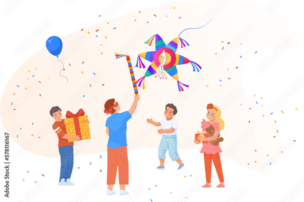Pinata game. Kids in blindfold hitting pinatas, mexican posada ...