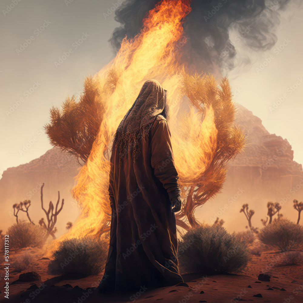 Moses standing in front of a burning bush. generative AI Stock ...