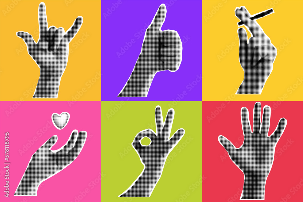 A grid of collage arms with a halftone effect. Vector background with ...