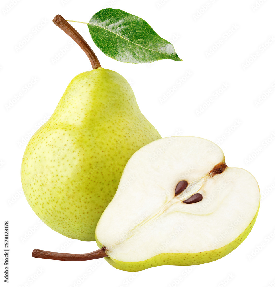 Green yellow pear fruit with pear half and green leaves isolated on ...