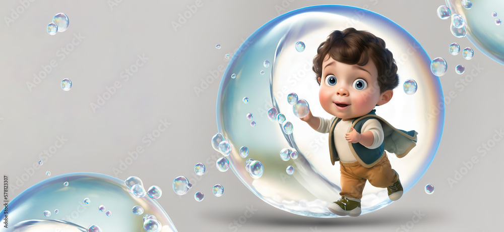 cute little boy chasing and playing with soap bubbles, wide banner with ...