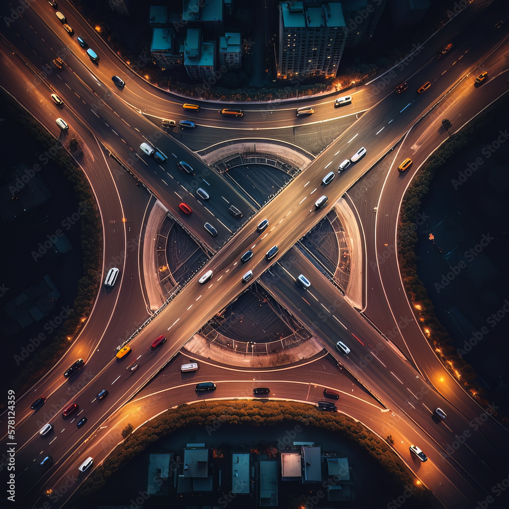 an aerial view of intersections in the city at night. the view is of a ...