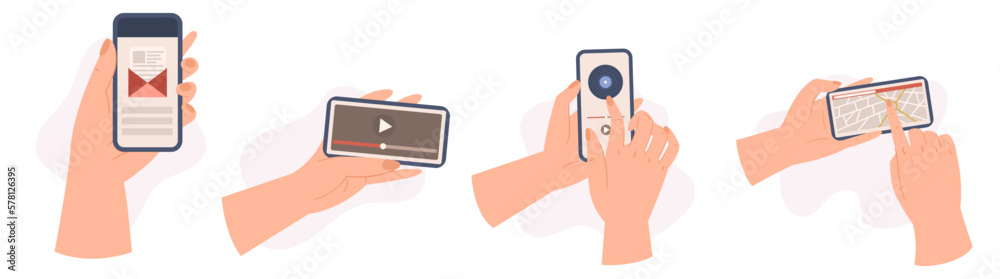 Set Of Hands Holding Mobile Phones Isolated On White Background. Human ...
