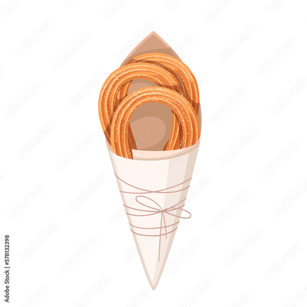 Churros in cone paper bag vector illustration. Cartoon isolated curve ...