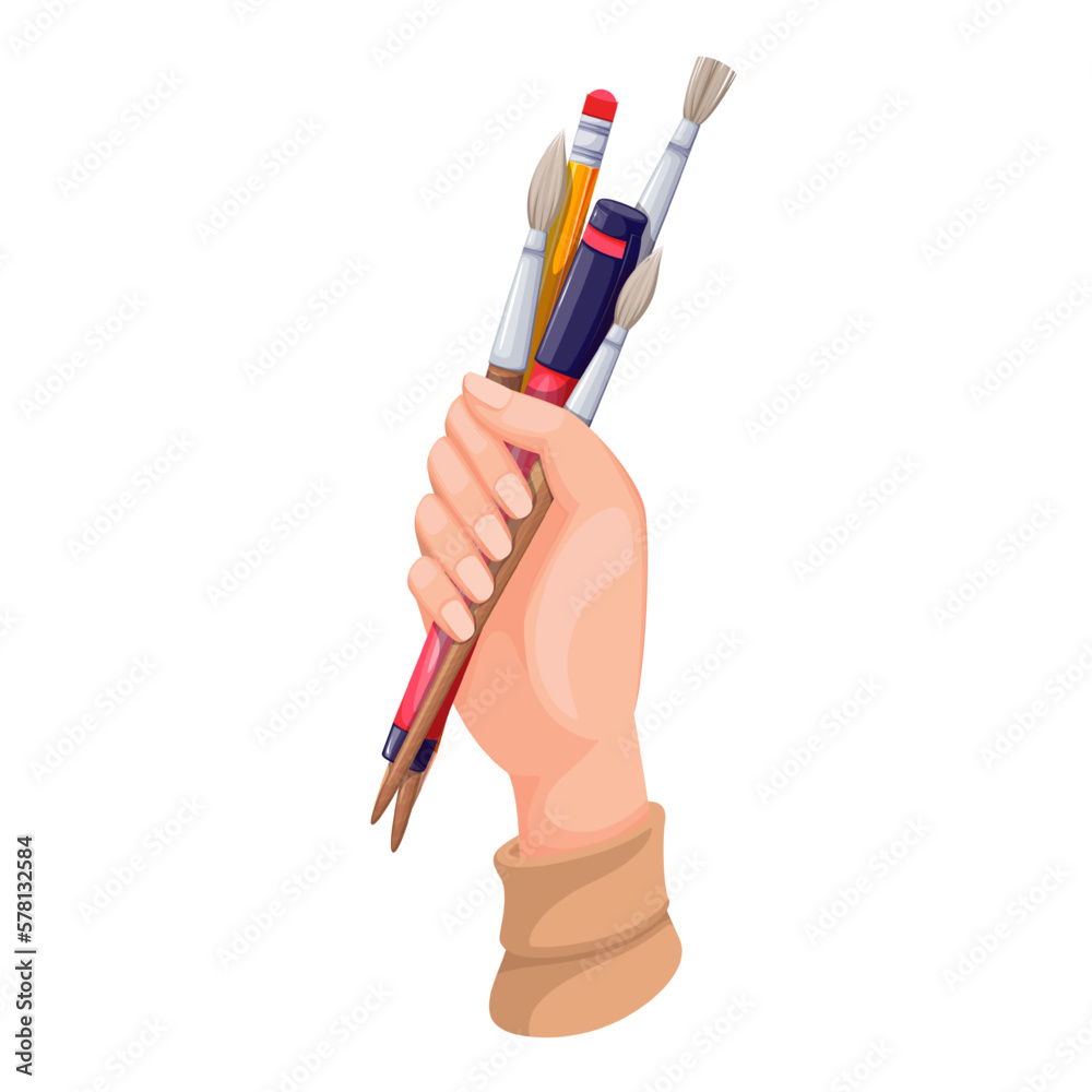 Hand holding artists tools for art drawings vector illustration ...