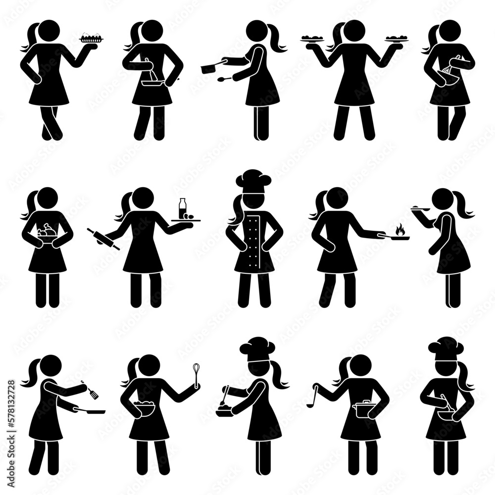 Stick figure woman, person, human with kitchen utensils vector set ...