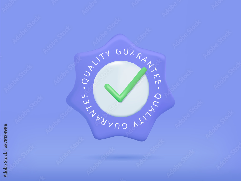 Quality guarantee ribbon icon with check mark on blue background ...