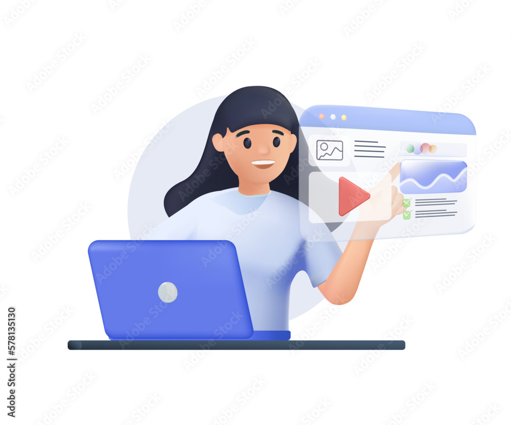 Content manager works at laptop 3D illustration. Website editor editing ...