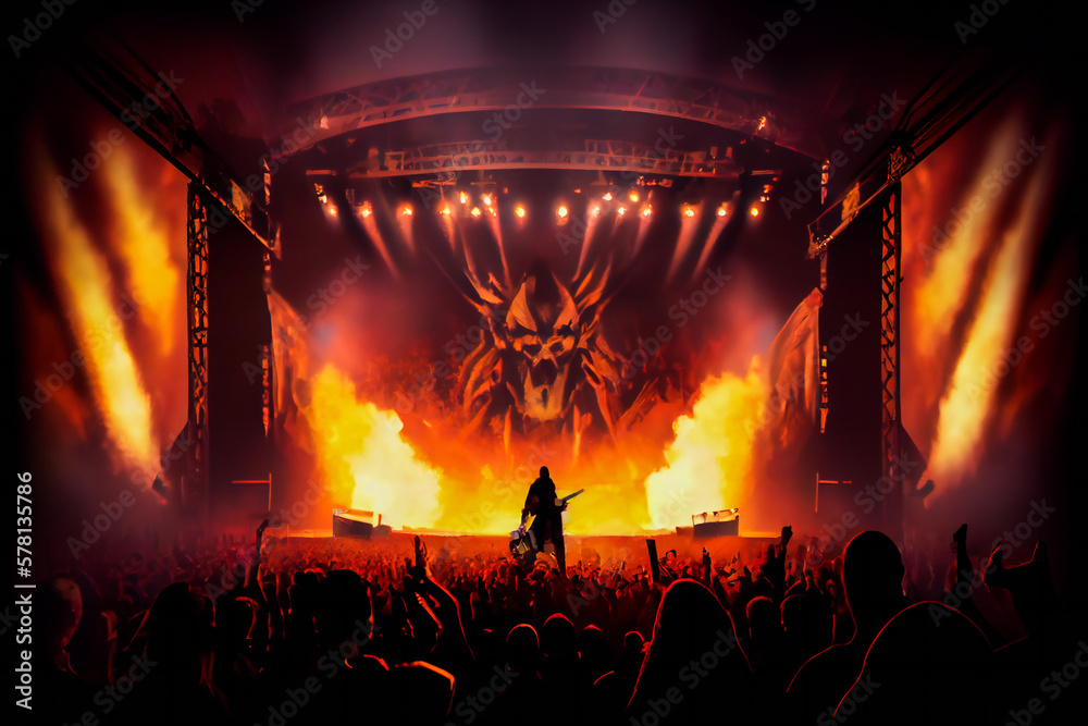 Metal Music Band Performing on Stage in a Crowded Venue with Fire Show ...