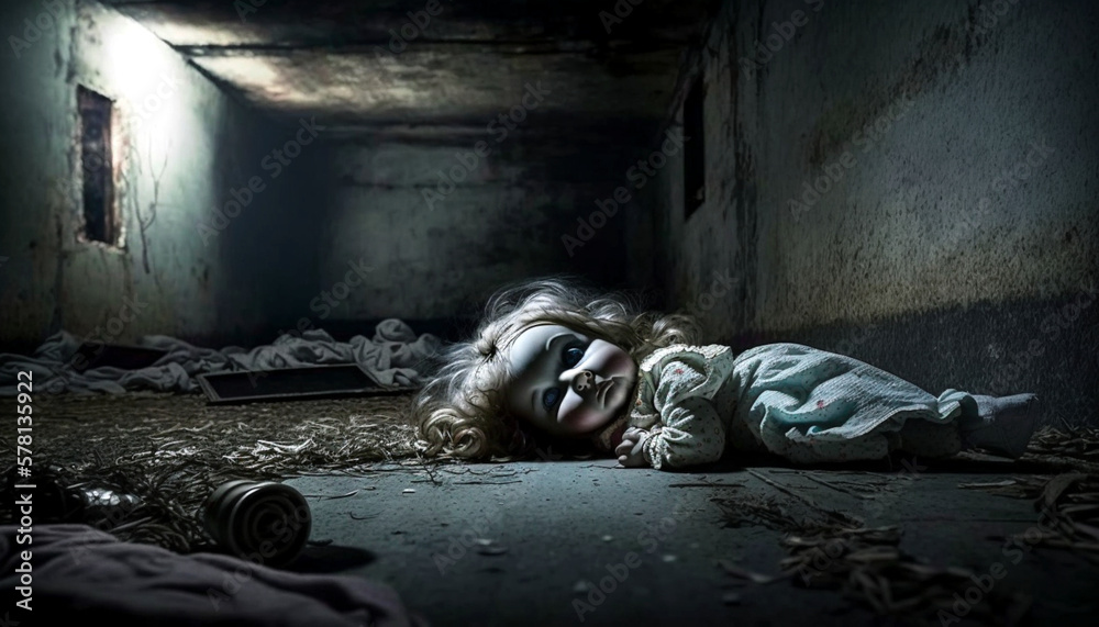 Creepy, broken doll in the middle of an abandoned room. Ai llustration ...