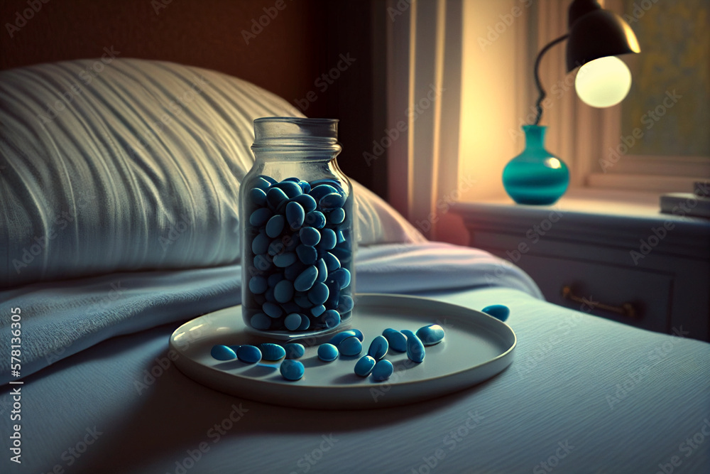 Blue pills on the bedside table in the bedroom. Blue medicine pills ...