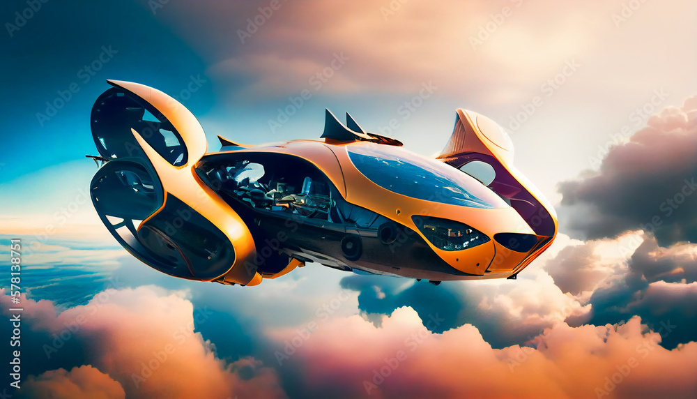 A model of a flying car in the air above the clouds. Generative AI ...